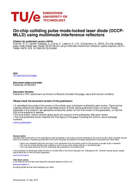 Pdf On Chip Colliding Pulse Mode Locked Laser Diode Occp Mlld Using