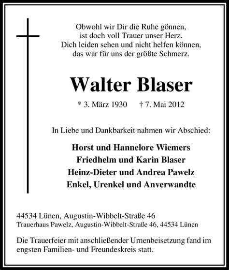 Traueranzeigen Von Walter Blaser Trauer In Nrwde