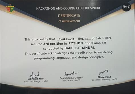 Achievement Python Programming Bitsindri Hackathonandcodingclub Shreekant Bharti