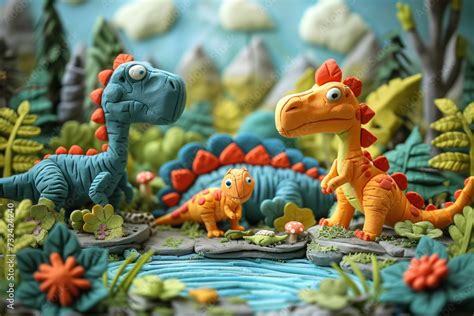 Clay Crafted Dinosaurs In A Lush Jurassic Environment Handmade