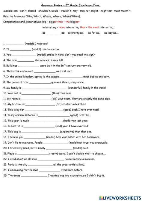 Grammar Review 8th Grade Excellence Class Dina Shterengas Worksheets Library