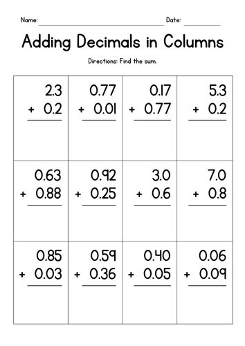 Adding Decimals In Columns Worksheets Teaching Resources