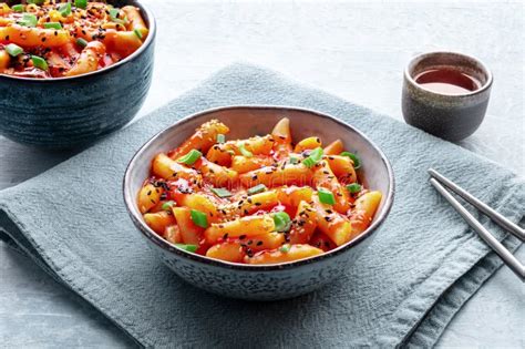 Tteokbokki Or Topokki And Rabokki Korean Street Food Spicy Rice Cakes