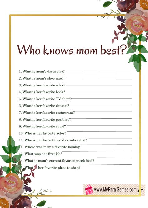 Free Printable Who Knows Mom Best Mothers Day Game Moms Favorite