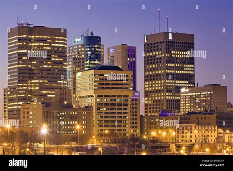 Skyline Of Downtown Winnipeg Manitoba Canada At Night Looking
