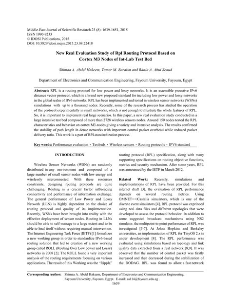 PDF New Real Evaluation Study Of Rpl Routing Protocol Based On Cortex M Nodes Of Iot Lab Test Bed