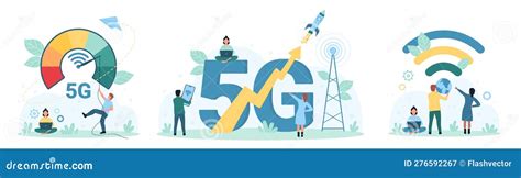 5g Telecommunication Technology Set Tiny People Using Signal Speed