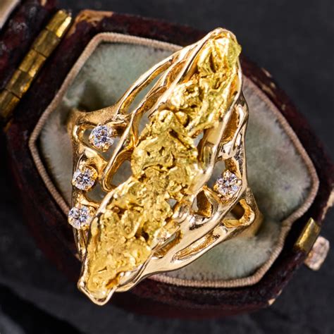 Custom Gold Nugget Ring W Diamonds 14k Yellow Gold