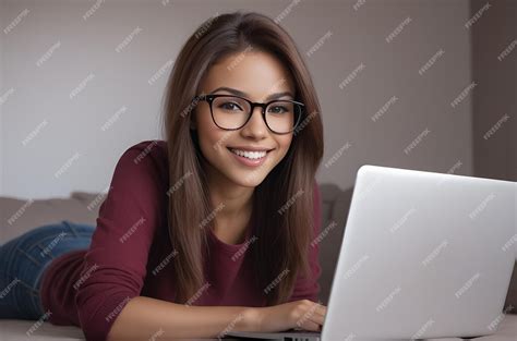 A Latin Spanish Caucasian Woman In Glasses Is Using A Laptop At Home