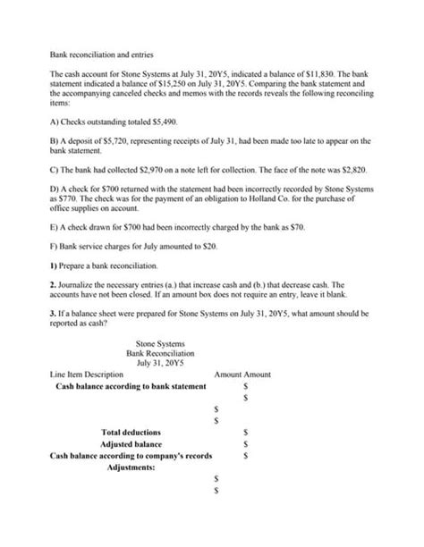 Bank Reconciliation And Entries The Cash Account For Stone Systems Atpdf