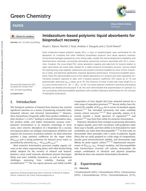 Pdf Imidazolium Based Polyionic Liquid Absorbents For Bioproduct Recovery