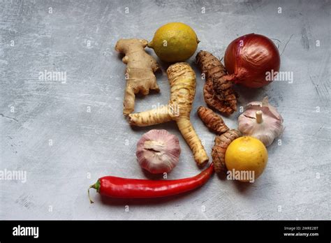 Boosting Immune System Concept Herbal Remedy Ingredients On A Table