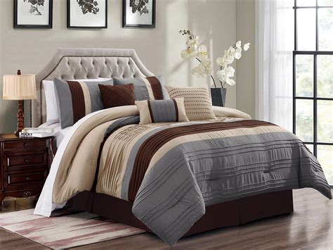 7 Pc Liam Pleated Pintuck Stripe Comforter Set Beige Brown Slate Blue