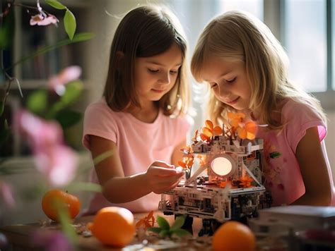 Premium Ai Image Photoshoot With Tilt Shift Style Of Twins Learning Coding Basics Throug