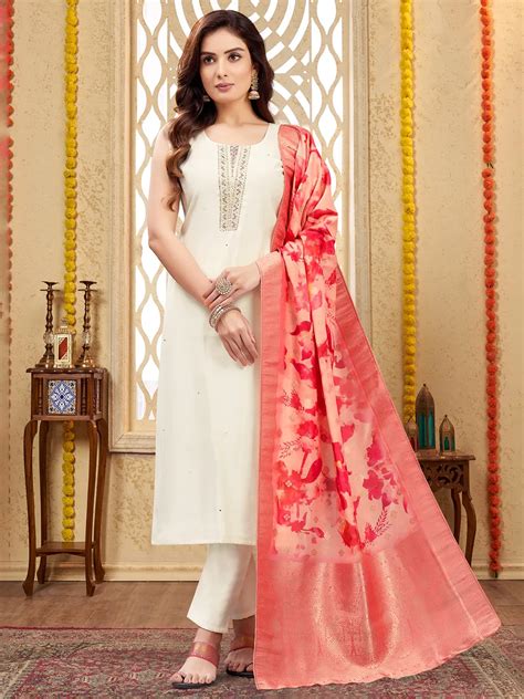 Off White Silk Salwar Suit With Dupatta G3 Wss42787