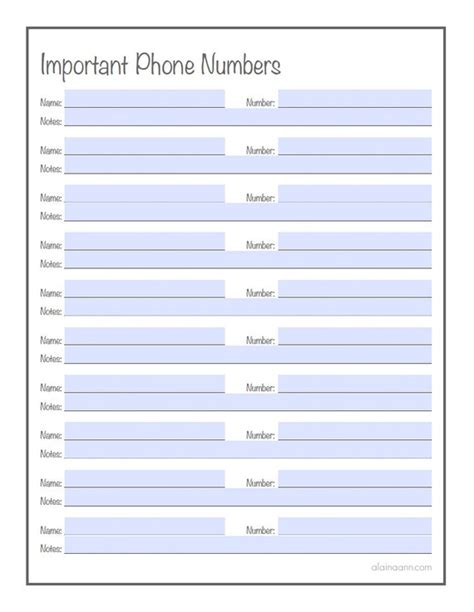 Printable Name And Phone Number Template