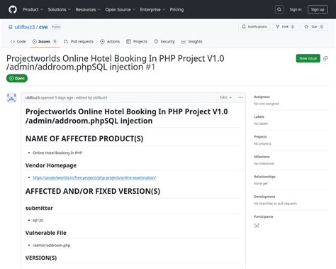 Projectworlds Online Hotel Booking Addroomphp Sql Injection 漏洞信息cve 2025 1962 By 漏洞平台
