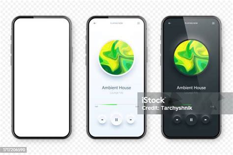 온라인 오디오 플레이어 사용자 인터페이스 스마트폰 앱 Ui 디자인 음악 미디어 스트리밍 및 청취 플랫폼 반응형 모바일 애플리케이션 뉴모피즘 뉴모픽 스타일 벡터 그림입니다 3
