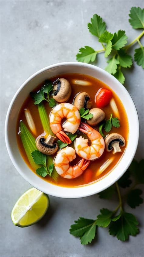 Exquisite Tom Yum Goong Soup With Plump Prawns And Vibrant Mushrooms