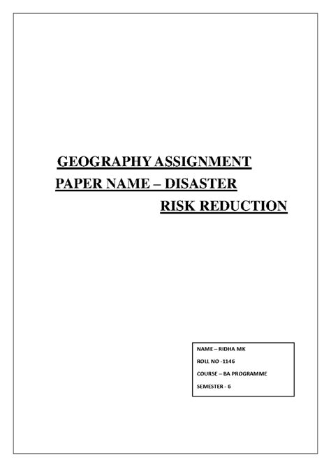 Geography Assignment Geography Assignment Paper Name Disaster Risk Reduction Name Ridha Mk