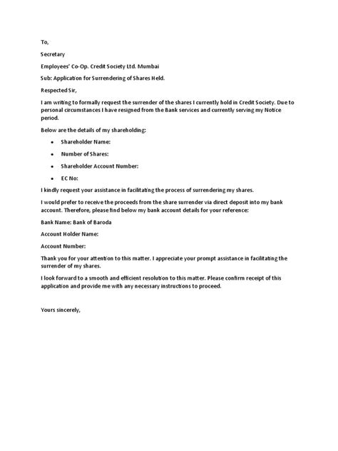 Share Surrender Application Pdf