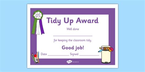 Tidy Up Award Certificate Teacher Made