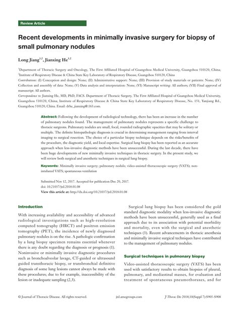 Pdf Recent Developments In Minimally Invasive Surgery For Biopsy Of Small Pulmonary Nodules