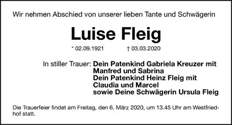 Traueranzeigen Von Luise Fleig Trauer Nn De