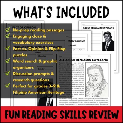 Benjamin Cayetano Reading Activity Pack Filipino American History Month Act
