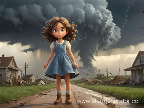 Young Girl With Doll In Kansas Amidst Fairytale Tornado Ai Art Generator