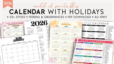 2026 Calendar With Holidays Free Printable Pdfs World Of Printables