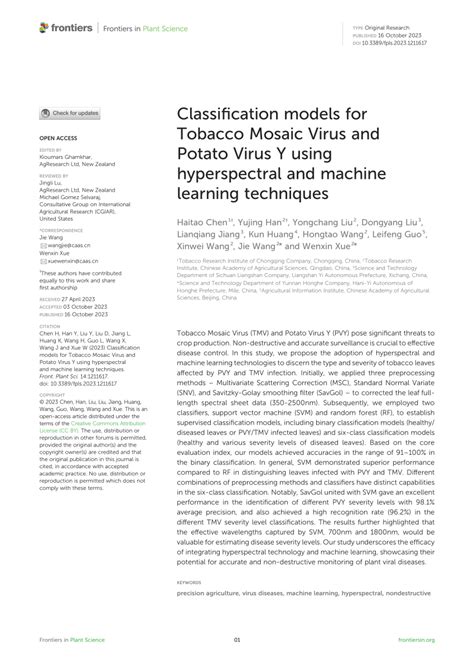 Pdf Classification Models For Tobacco Mosaic Virus And Potato Virus Y
