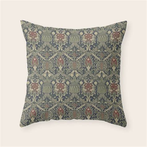 William Morris Granada Blue Indigo Red Vintage Pattern Throw Pillow