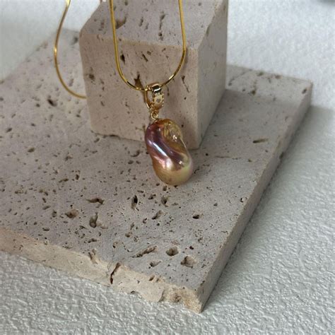 Baroque Fireball Pearl Pendant Necklace 18k Gold Plated Iridescent Etsy
