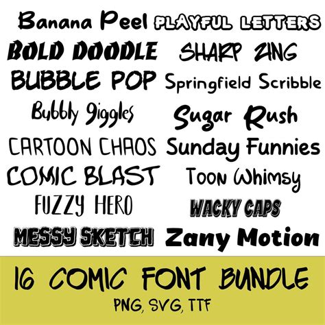 16 Comic Font Bundle Pngsvgttf Fun Cartoon Fonts Playful Lettering