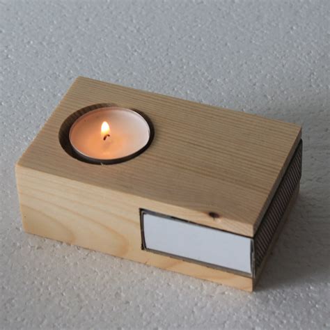 Handmade Wood Tea Light Holder With Matchbox Rustic Table Decor 2 Pcs