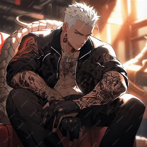 Premium Photo Anime Guy With Tattoos Sitting On A Couch In A Room