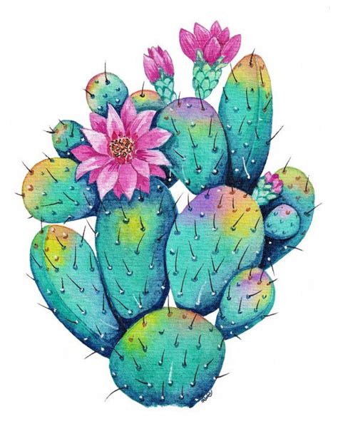 Rainbow Cactus With Flowers Art Oirabot Flower Art Cactus Drawing
