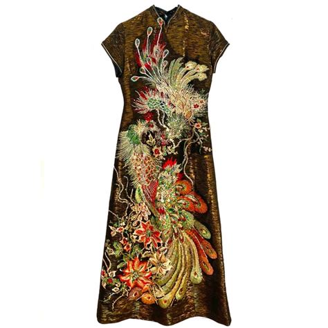 Hand Crafted Dresses Peacock Phoenix Sequin Embroidery Cheongsam