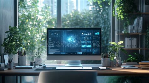 Modern Workspace With Computer Displaying Data Analysis And Greenery