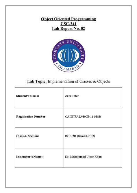 Lab Report No 02 Object Oriented Programming Csc 241 Lab Report No 02 Lab Topic