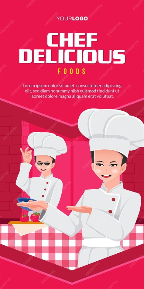 음식을 제공하는 요리사의 만화 삽화가 있는 요리사 맛있는 음식 포스터 개념 프리미엄 벡터