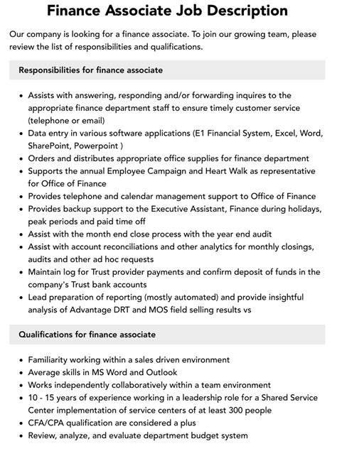 Finance Associate Job Description Velvet Jobs