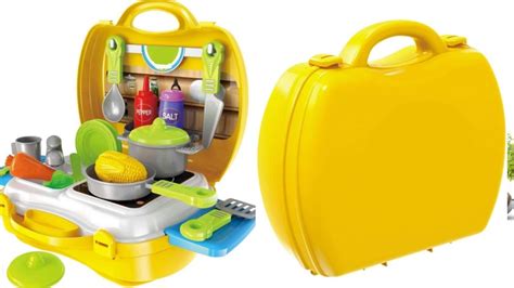 Diy Plastic Yellow Kitchen Set Cooking Toy With Briefcase And