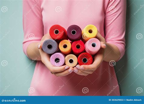 Colorful Spools Of Threads In Hands Heart Shape On The Pastel Pink