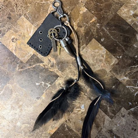 Kmrii Style Black Leather Keychain With Feather Depop