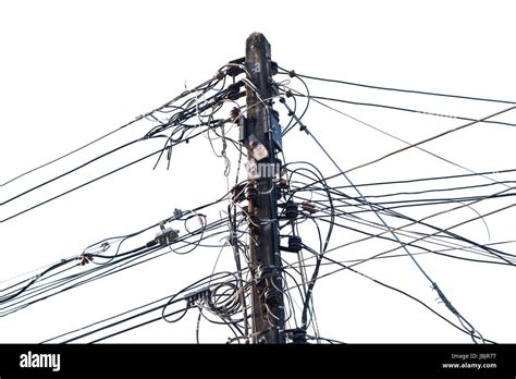 Wire Assemblage A Lot Of Cables And Wires On Pole In The City Stock