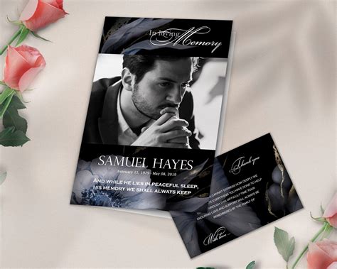 Classic Funeral Program Template With Blue Flowers For Men Golden