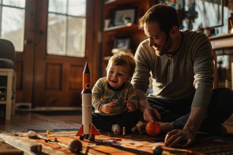 Premium Photo Father And Son Testing Rocket Model Together At Home