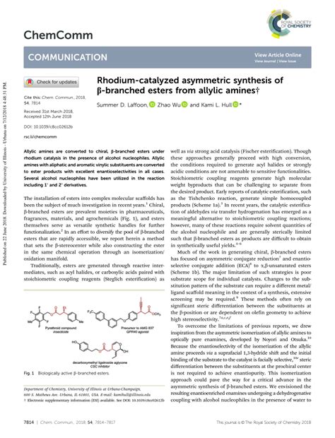 Pdf Rhodium Catalyzed Asymmetric Synthesis Of β Branched Esters From